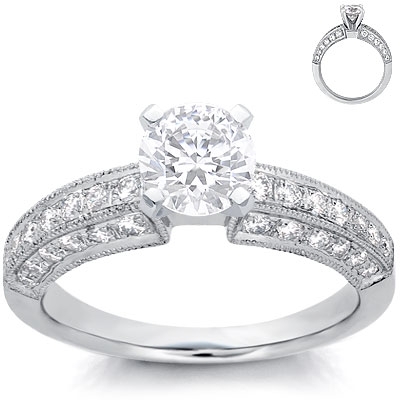 Engagement Ring: Three-Stone, Pave Diamonds, Platinum