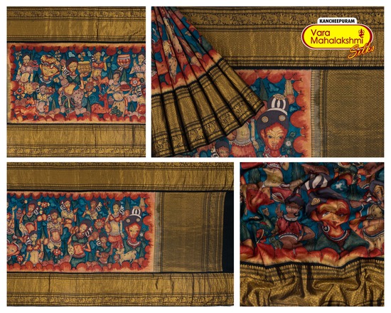 Kanchi Silk Kalamkari Print Blue Saree